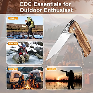 Vickay Pocket Knife for Men, Folding Knife with Clip, 3.74" 8Cr13MoV Steel Blade, Wood Handle EDC Knife for Outdoor Camping,Tactical, Hunting and Fishing Gift (Zebrawood)