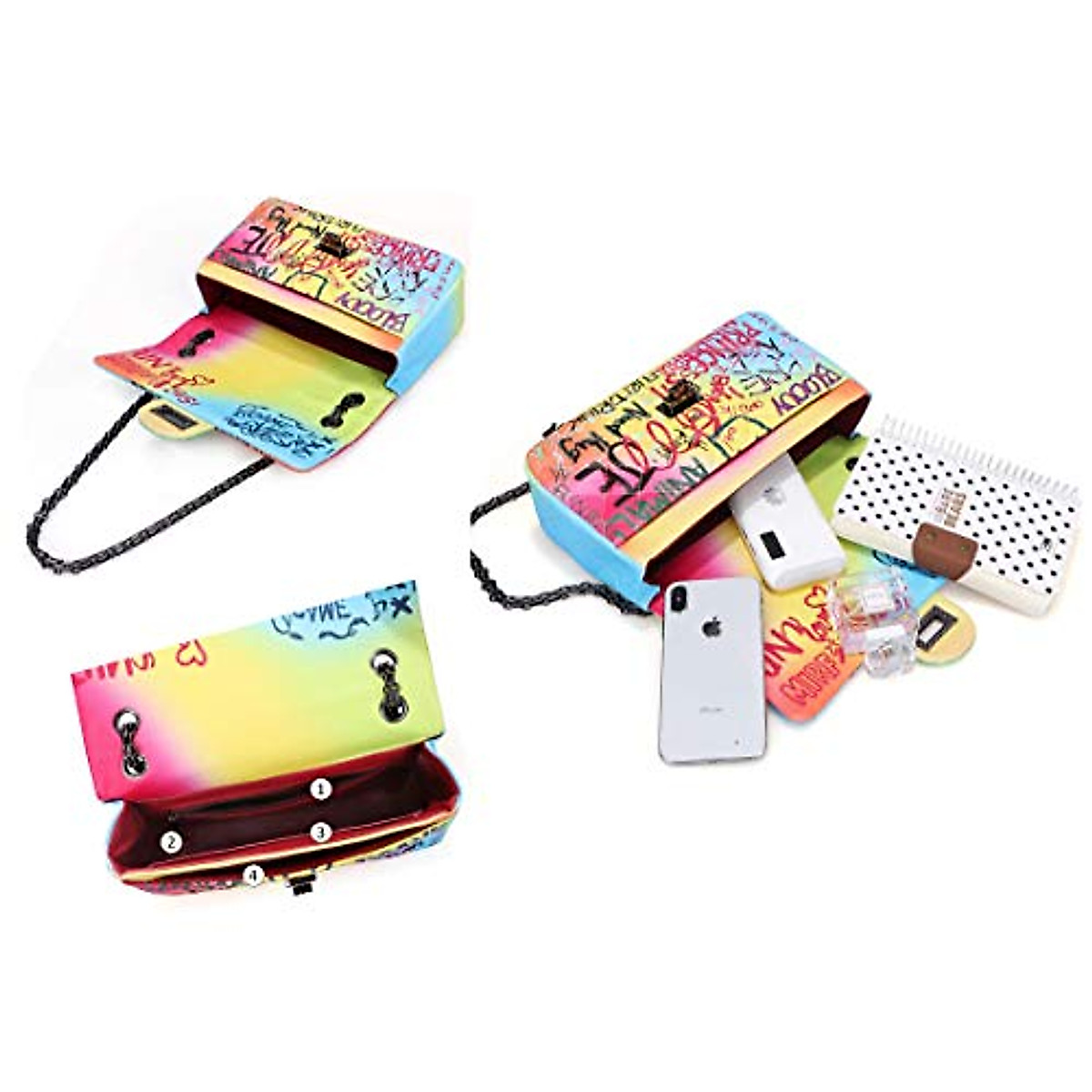 VOGUZY Women Graffiti PU Multicolour Quilted Purse Lattice Clutch Shoulder Bag Classic Cross Body with Chain Satchel Handbags Yellow Graffiti