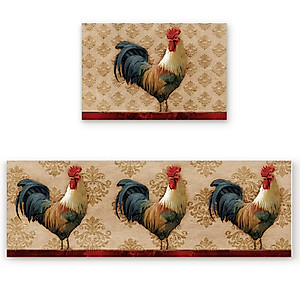 Kitchen Rugs Set of 2,Vintage Farm Animal Cock Kitchen Mats Rugs Non Skid Washable Anti Fatiguee,Rooster Chicken Water Absorption Doormat Carpet for Bedroom/Bathroom/Living Room