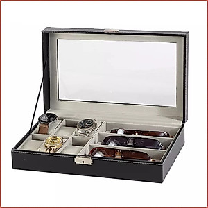 RJ Displays Valet Jewelry Box for Men - Holds 6 Watches, 3 Sunglasses Tray Storage Holder Mens Watch Case Organizer with Metal Accents, PU Leather & Large Glass Lid - Black Watc + Gift Box