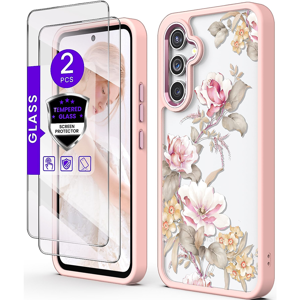 DagoRoo for Samsung Galaxy A54 5G Case with Tempered Glass Screen Protector [2 Pack],[Military Grade Protective] Slim Soft TPU & Hard PC,Girls Women Crystal Clear Flower Pattern Case-Ranunculus/Pink