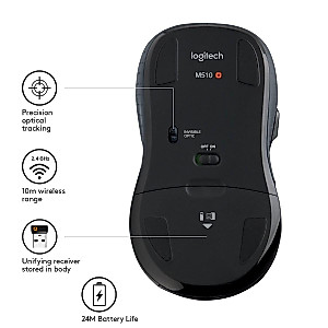 Vexko Bundle Logitech Mouse M510 Wireless Computer with USB Unifying Receiver Ergonomic Mouse Pad with Gel Wrist Rest (Black)