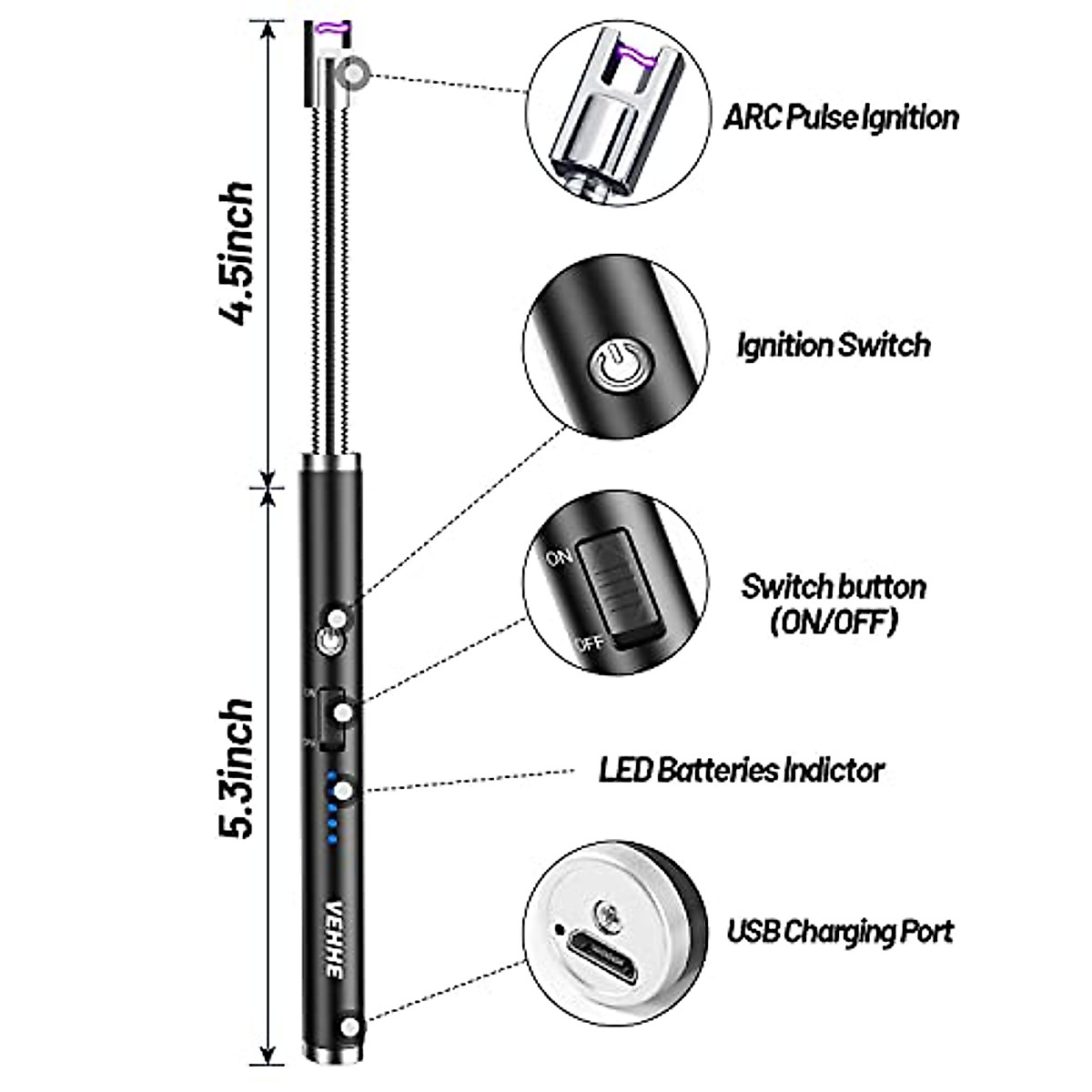 VEHHE Candle Lighter, Electric Rechargeable Arc Lighter with LED Battery Display Long Flexible Neck USB Lighter for Light Candles Gas Stoves Camping Barbecue