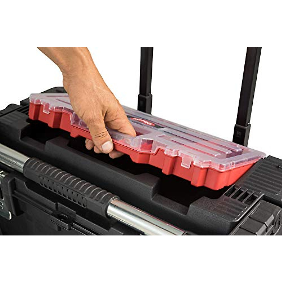 Keter Mobile Hawk Cart and Stackable Tool Box System and Organizer with Telescopic Comfort Grip Handle - Perfect Organization and Storage Chest for Power Drill, Tape Measure, and Small Parts