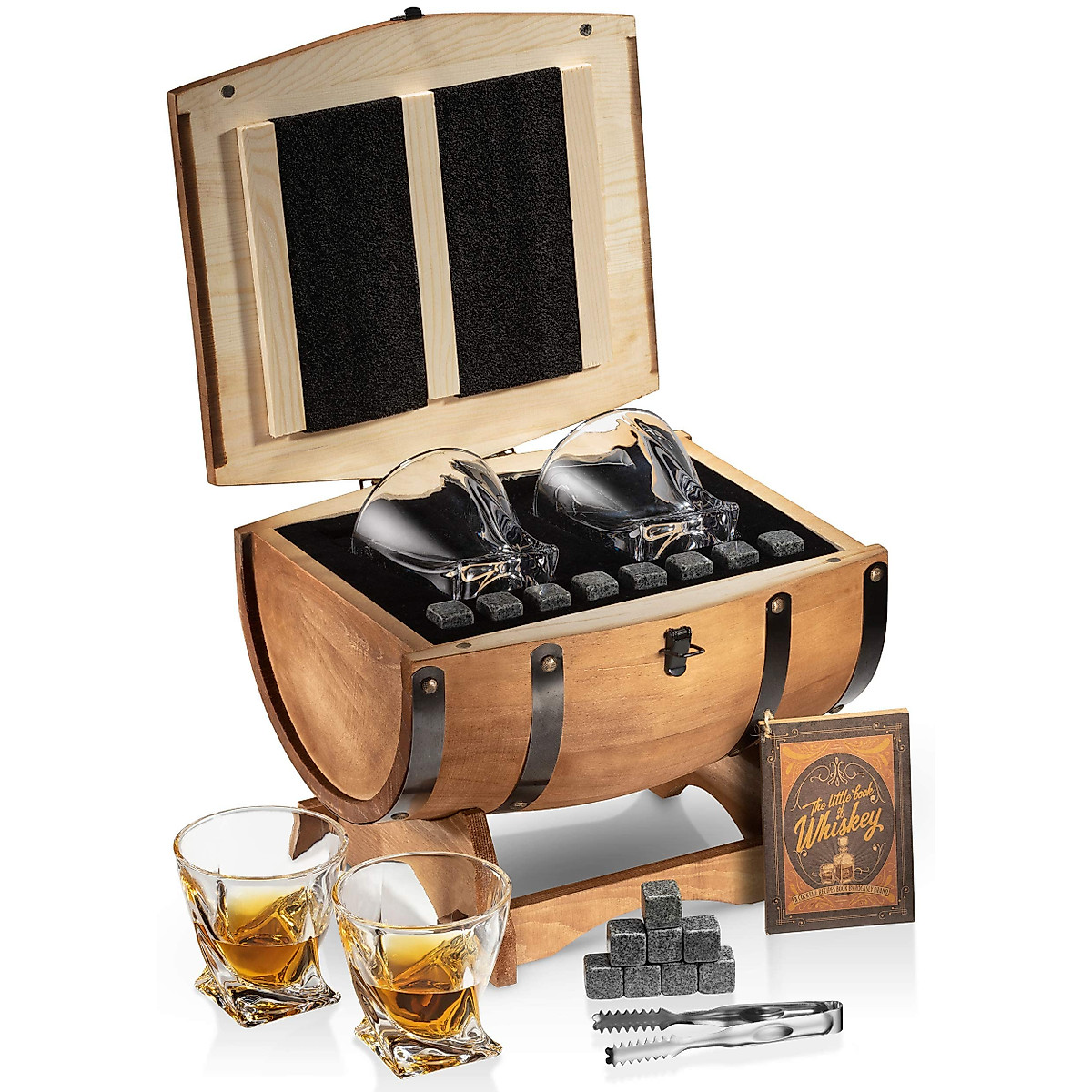 ROCKSLY Whiskey Stones Gift Set for Men in Whiskey Half Barrel Gift Box | 8 Whiskey Rocks, 2 Whiskey Glasses in a Whiskey Box Gift Set | Granite Bourbon Stones | Whiskey Kit for Men: Dad, Boyfriend