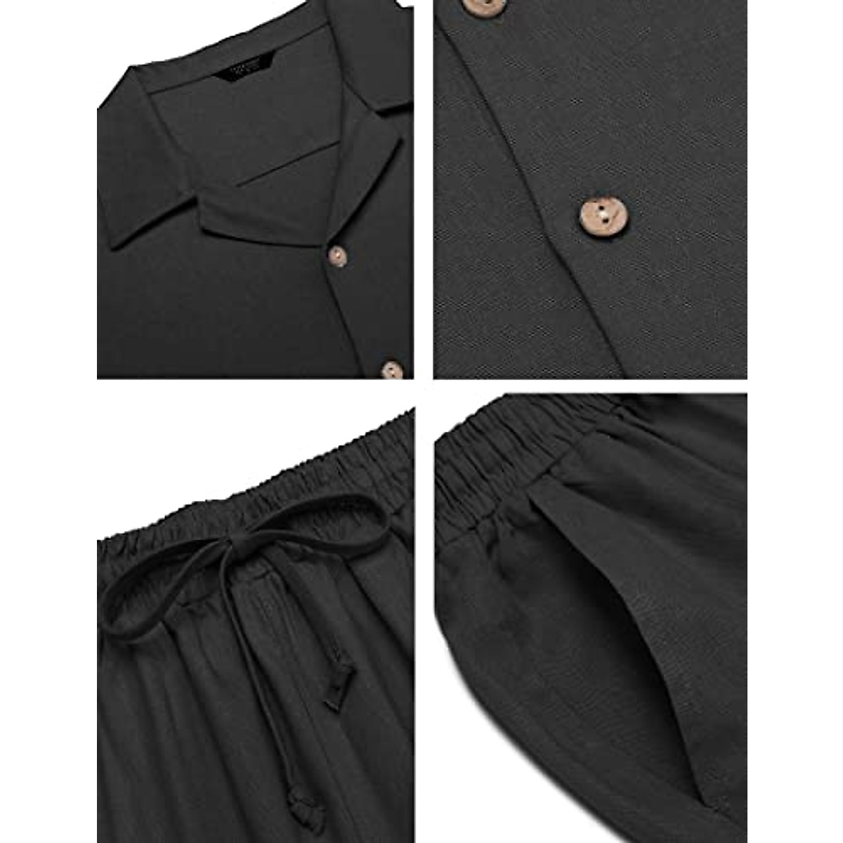 COOFANDY Mens Coordinated Outfit  Linen Beach  Casual Cuban Button Up Shirts Drawstring Pants, Black, X-Large