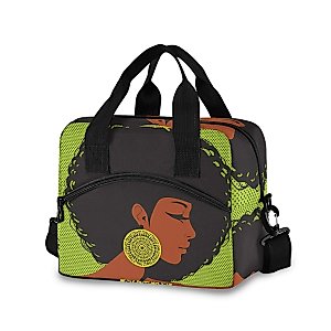 Reusable Lunch Bag for Girls Women,African American Woman Lunch Box Container with Detachable Shoulder Strap,Insulated Lunch Coolers for School Office