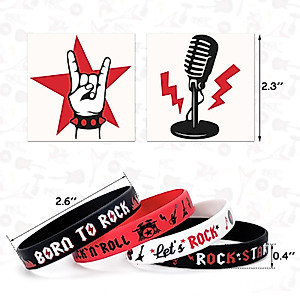 Sinasasspel 36PCS Rock And Roll Stickers Silicone Bracelet Party Favors Born to Rock Decorations Supplies Temporary Stickers For Face Arm Hand Let’s Rock Rubber Wristband 60s 80s Retro Rock Band