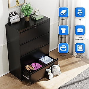 Greenvelly 4 Drawer Lateral File Cabinet with Lock, Locking Filing Cabinet, Metal Steel File Drawers Cabinet for Home Office, Horizontal File Cabinets for Legal/Letter/A4/F4 Size with Hanging Bars&Key