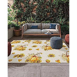 Outdoor Patio Rugs Fall Pumpkin with Sunflowers Outdoor Area Rug Fallen Leaves Non-Slip Backyard/Camping RV Rug/Deck/Porch Rug Front Door Floor Mat Carpet,4x6ft,