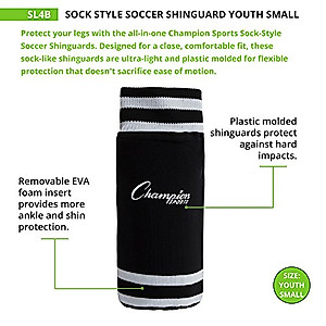 Champion Sports SL4B Youth Sock Style Soccer Shin Guards - Ages 4-6, Black, Small