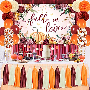Fall in Love Bridal Shower Decorations Fall Wedding Decorations Floral Pumpkin Fall in Love Banner Bridal Shower Balloons Paper Pom Poms Fringe Curtain for Wedding Bachelorette Party Decorations