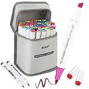 SFAIH Brush Tip Water-Based Markers Set 48 Colors Dual Tip Water Color Markers Brush Tip and Chisel Tip, Art Drawing Markers for Adult Coloring Books w/ 1 Blender (48 Water-Based Colors)