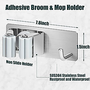YasTant Broom Holder Wall Mount, Self Adhesive No Drill Broom Holder Organizer Stainless Steel Anti-Slip Mop Hanger Umbrella Holder Gripper Tool For Home Garden (30lb Load)