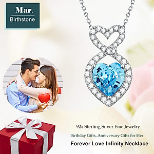 March Birthstone Aquamarine Necklace for Wife Birthday Gifts Mom Sterling Silver Double Hearts Forever Love Infinity Jewelry Women Wedding