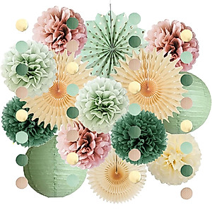 Sage Green and Dusty Rose Party Decorations Paper Lanterns Sage Green Cream Pom Poms Fans Olive Dusty Pink and Sage Green Party Decorations for Birthday Baby Shower Bridal Shower Wedding Engagement