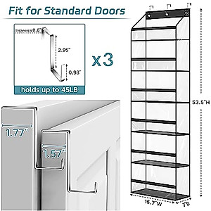 AOODA Clear Over the Door Hat Racks for Baseball Caps, Large Holds up to 72 Caps Hat Storage Organizer for Closet Wall, Deep Pockets Hanging Hat Holder with 3 Hooks, Black