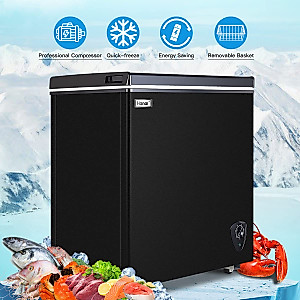 Deep Freezer Chest Freezer WANAI 5.0 Cubic Small Deep Freezer with Top Open Door and Removable Storage Basket, 7 Gears Temperature Control, Energy Saving, for Office Dorm or Apartment