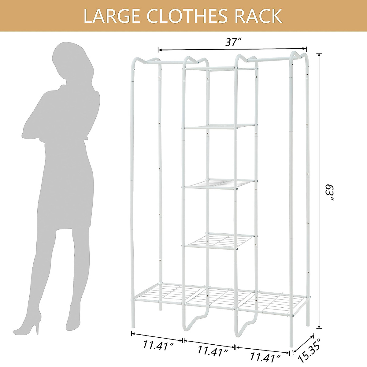 Gewudraw Wardrobe Closet with 4 Metal Shelves, Freestanding Garment Rack, Heavy Duty Clothing Rack For Hanging Clothes, Portable Clothes Rack, Closet Organizer White