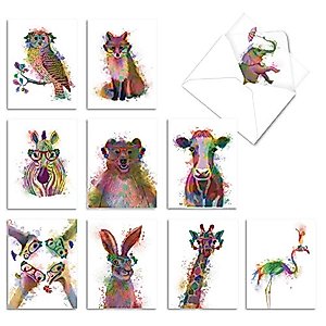 The Best Card Company - 10 Mixed Animals Watercolor Greeting Cards Blank with Envelopes, Thinking of You Thank You Notecards Set 4 x 5.12, Funky Rainbow Wildlife M4948OCB-B1x10