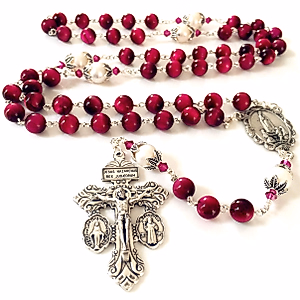 elegantmedical Red Tiger Eye Beads Sterling Silver 10mm Real Pearl Rosary Cross Necklace Catholic