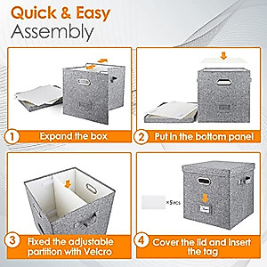 Woodoulogy Vinyl Record Storage Box for 50+ Single LPs, Stackable Albums Linen Crate with Lid, Collapsible Play Music Collection Holder, Document File Folder Cabinet Organizer Case with Handle