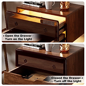 MUSSTUFIC Floating LED Nightstand, Smart Sensor Bedside Wall Mounted Wood Side End Table with 2 Storage Drawers for Bedroom Dorm Small Space, Dark Walnut (Walnut, 1 pcs)