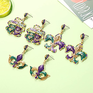 Mardi Gras Earrings Glitter Fleur De Lis Mask Dangle Earrings Sparkly Rhinestone Bead Happy MARDI GRAS Skull Dangling Earrings Hypoallergenic Carnival Parade Party Festive Earrings Jewelry for Mardi