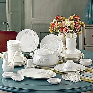 Pottery Tableware,58 Pieces Dinnerware Set, European High-Grade Ceramics Dishes Set, Dinner Plates, Salad Bowls, Dessert Plates, Dishwasher and Microwave Safe, Great Gift