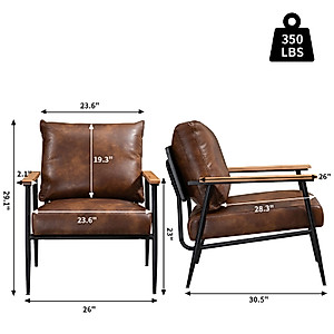 GYI Brown Leather Accent Chair Set of 2, 23.6'' Wide Armchair Set of 2, Industrial Black Metal Frame Accent Chairs with Wood Arms for Living Room, Bedroom