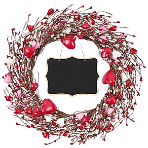 Mothers Day Decorations - 18'' Front Door Wreath, Heart Shaped Wreath Red Pip Berry Rustic Twig Wooden Sign Anniversary Wedding Home Office Wall Decorations (Red)