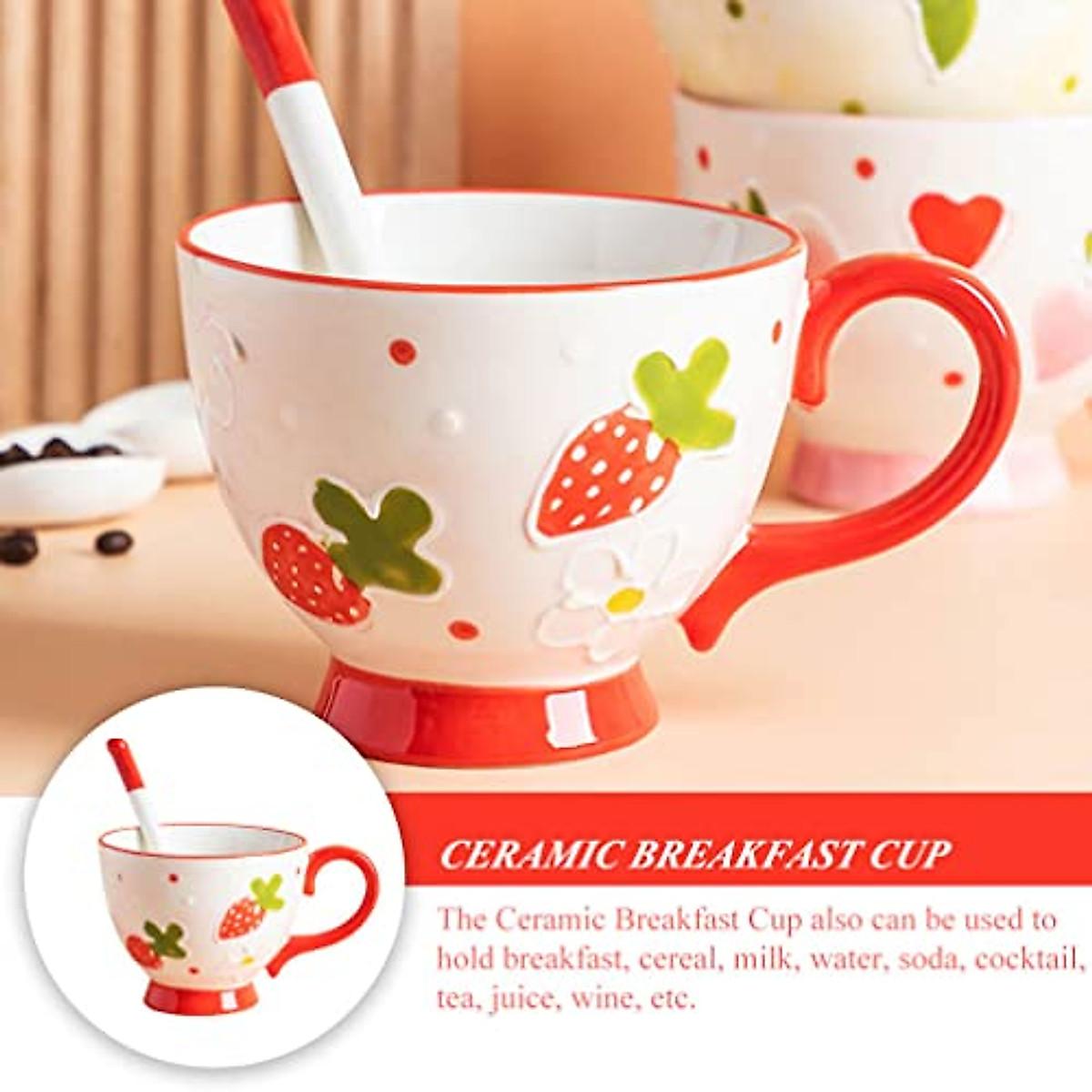 Luxshiny Soup Bowl Soup Bowl Soup Bowl 2pcs Ceramic Milk Mugs with Spoon Strawberry Breakfast Cup Mugs Coffee Cup Oatmeal Mugs For Latte Cappuccino Tea Cocoa Birthday Gifts Soup Mug Soup Mug Soup Mug