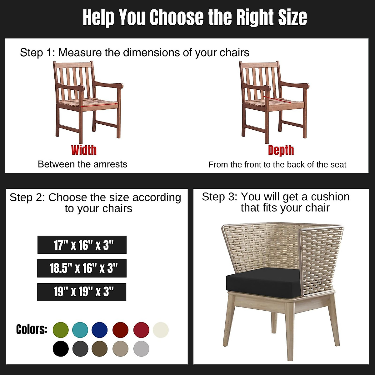 idee-home Outdoor Chair Cushions Set of 4 Patio, Thick Outdoor Cushion Seat Cushion Waterproof Patio Furniture Cushions with Ties, Dining Chair Cushions Indoor Chair Pads 18.5" x 16" x 3" Black