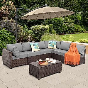 Rattaner 7 Pieces Outdoor Wicker Furniture Conversation Set Patio Furniture Sectional Sofa Couch Storage Table with Thicken(5") Non-Slip Cushions Waterproof Cover, Light Grey