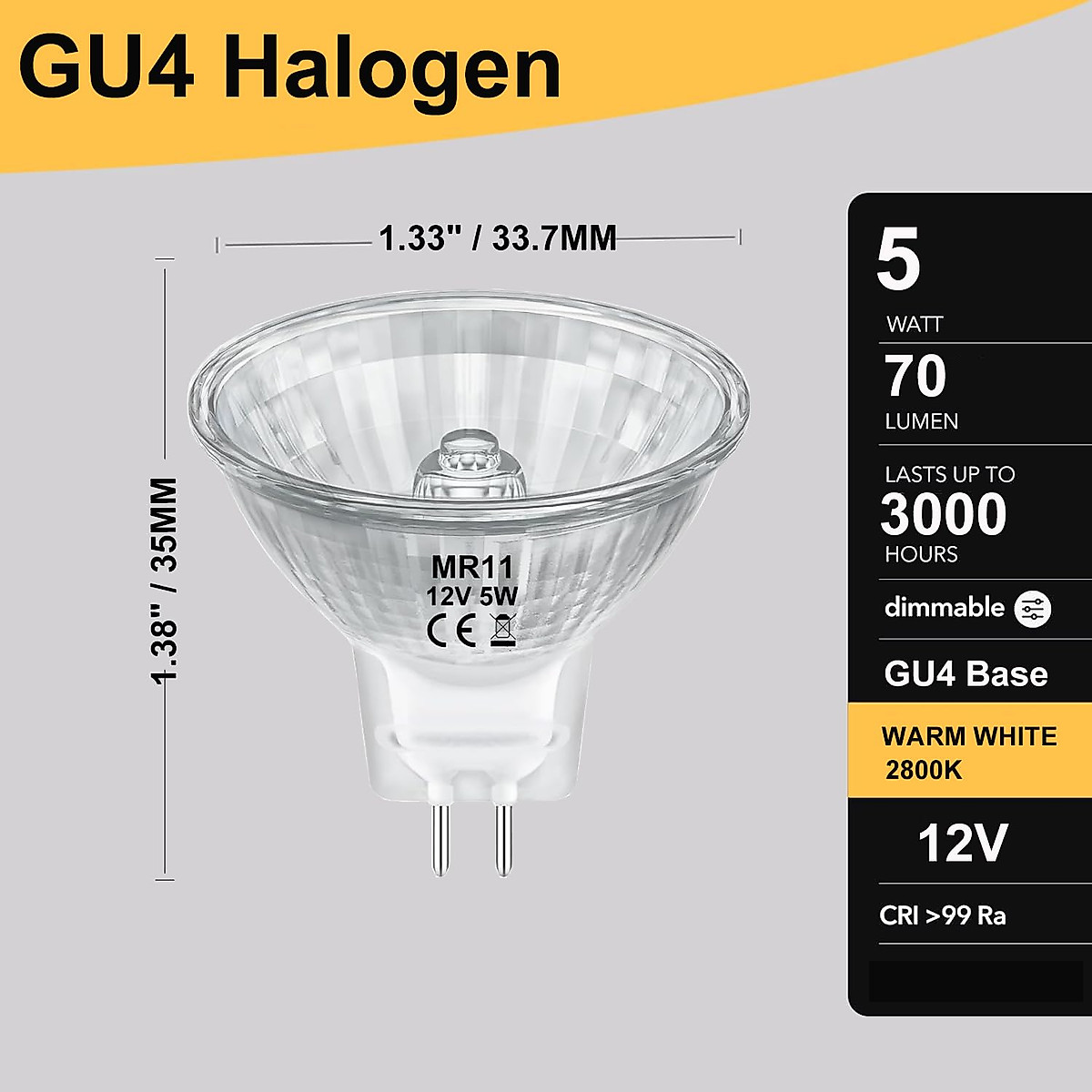 Nioclerce GU4 MR11 5W 12V - 6 Pack MR11 Halogen Bulb with GU4 Base, Dimmable MR11 Bulb 2800k Warm White, Long Lasting MR11 12V 5W Bulb for Accent, Track Lights, Precision Halogen Fiber Optic Bulb
