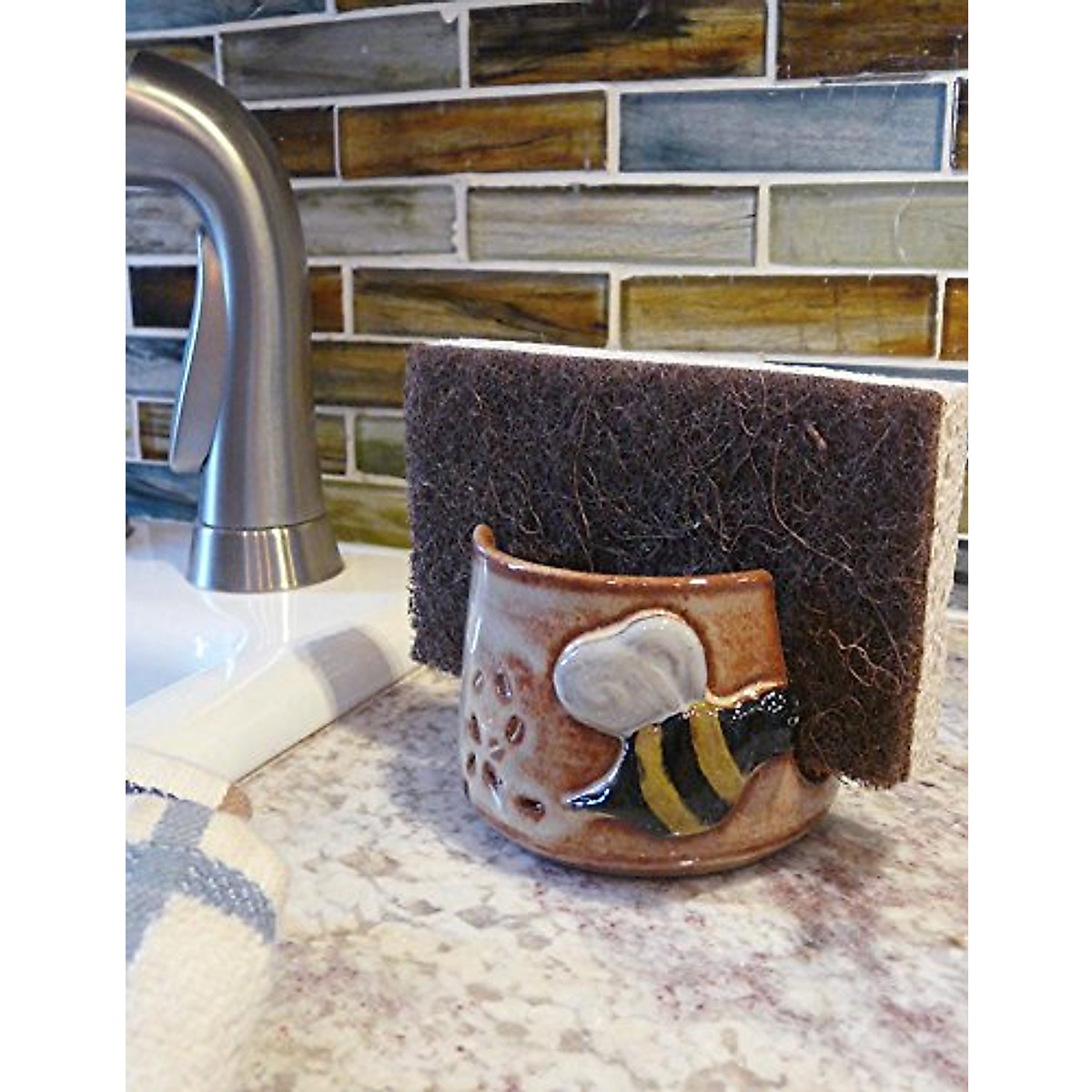American Made Pottery Kitchen Sponge Holder, Busy Bee Motif