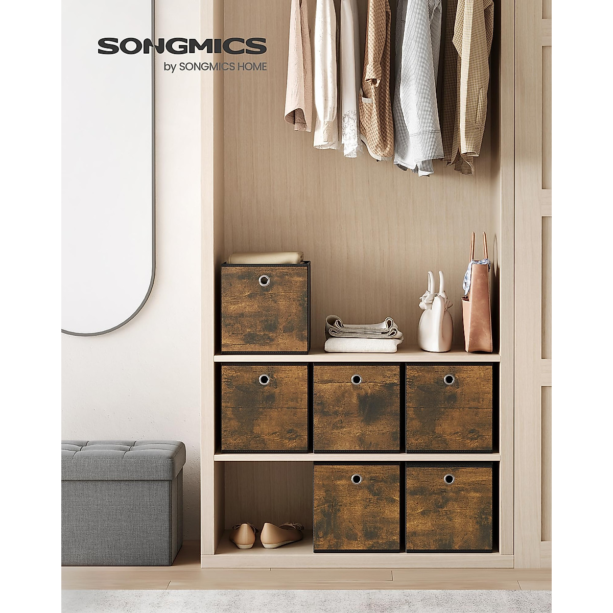 SONGMICS Storage Cubes, Set of 6 Storage Bins with Handles, Foldable Oxford Fabric and Non-Woven Fabric Storage Boxes, 10.2x10.2x11 Inches, Fit Cube Storage Unit, Rustic Brown and Black URFB126B01