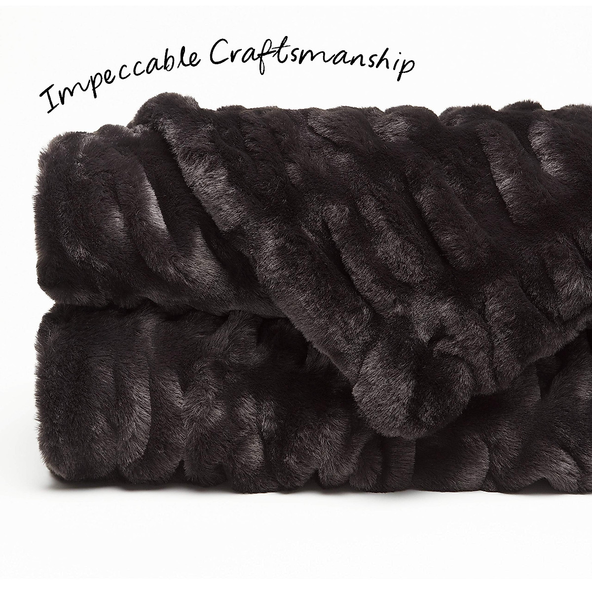 Chanasya Premium Ruched Faux Fur Throw Blanket - Luxurious, Soft Reversible Mink Blanket - 50" x 65” - Black