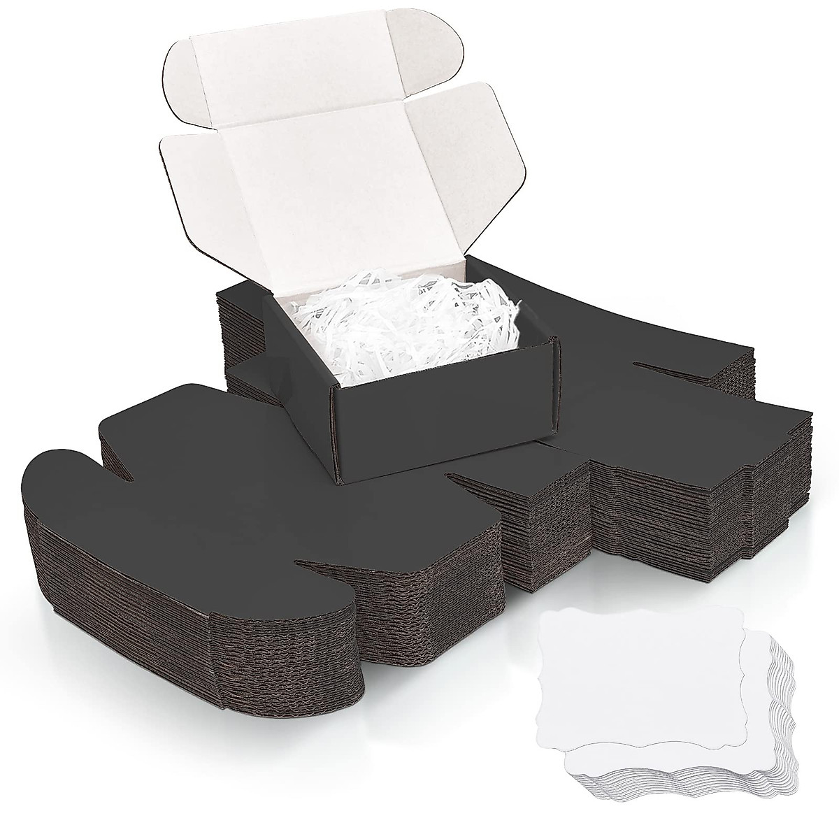 24 Pack Small Black Gift Boxes Corrugated Packaging Mailers for Small Business, Recyclable Cardboard Mailing Boxes with 24 Pieces Blank Gift Cards and Paper Fillers (4x4x2 Inch, Black, 24 Pack)