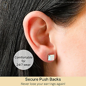 MAX + STONE 14k White Gold Princess Cut Created Opal Square Stud Earrings for Women 7mm Solitaire October Birthstone with Push Backs