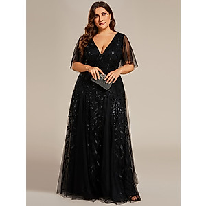 Ever-Pretty Womens Plus Size Sequin Emboridery Formal Evening Dresses with Sleeves Black US18