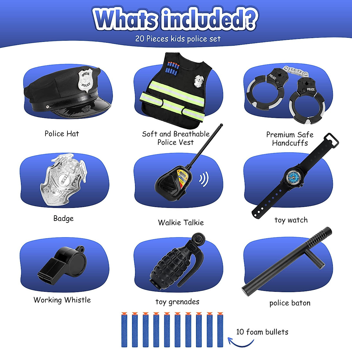 Kids Police Dress up Set Police Officer Role Play Costume Toys Set for Kids Ages 3-7 Years Old Includes Police Vest, Hat and Accessories for Boys and Girls Pretend Play