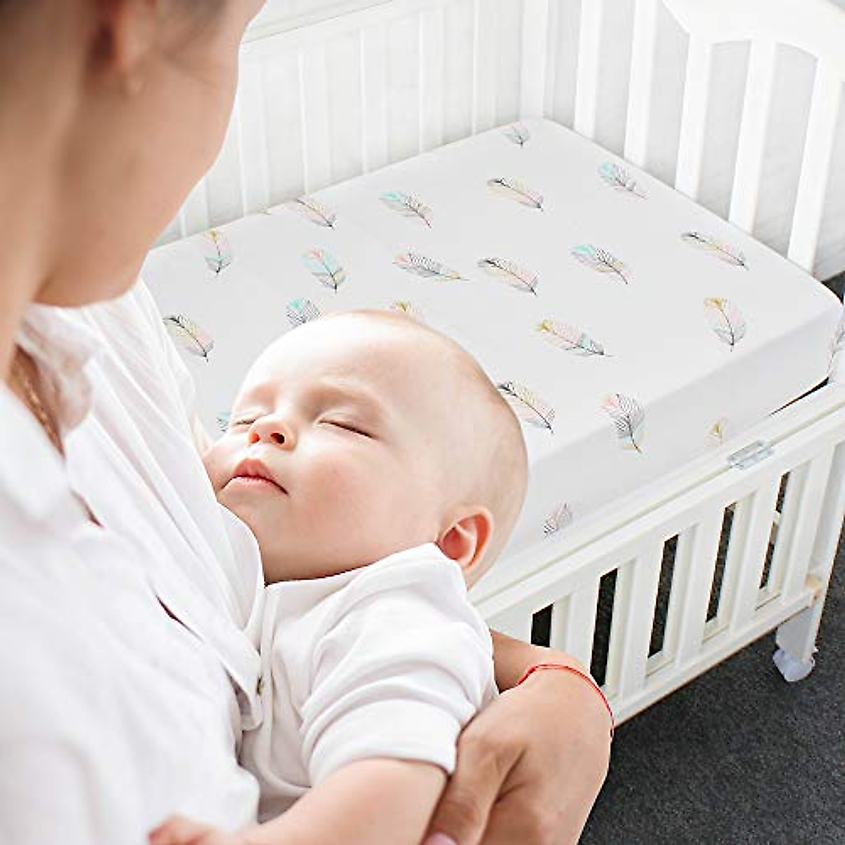 LifeTree Soft Fitted Crib Sheet - Feather Print Premium Cotton Unisex Toddler Bed Sheets for Baby Girls or Baby Boys - Fits Standard Crib Mattress