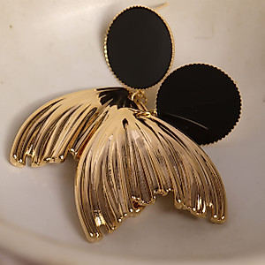 Sonateomber Gold Mermaid Fishtail Drop Dangle Statement Earrings For Women Big Black Dome Fish Tail Ginkgo Leaf Dangly Summer Ocean Beach Prom Jewelry Gift