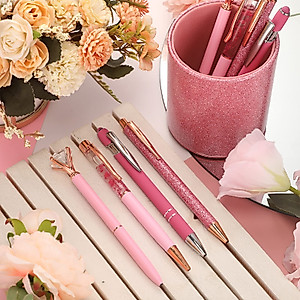 Sabary 8 Pcs Ballpoint Pens with Pen Holder for Desk Metal Crystal Diamond Pen Glitter Pencil Holder Fancy Pens Black Ink Bling Desk Organizer for Women Girls Office School Wedding Gifts (Pink)