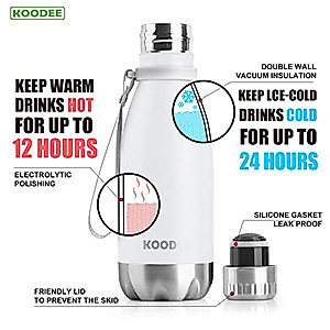 koodee Water Bottle-9 oz Stainless Steel Double Wall Vacuum Insulated Water Bottle, Cola Shape Leak Proof Sports Bottle for School (White)