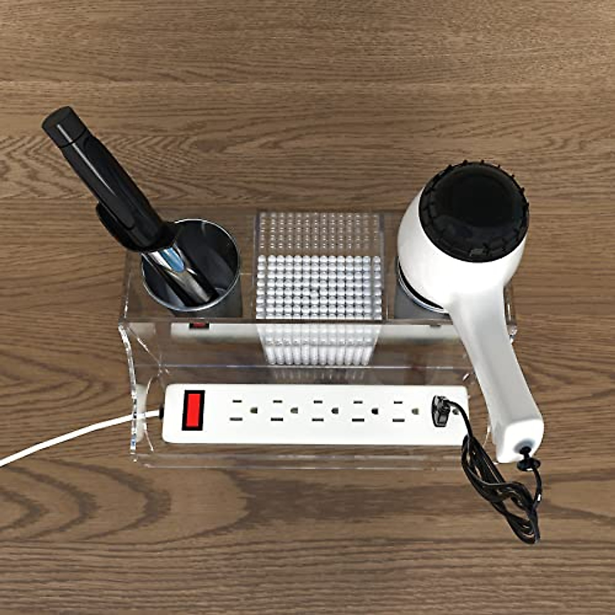 XQIGI Hair Tool Organizer, Acrylic Hair Dryer Styling Organizers,Clear Bathroom Blow Dryer Stand Holder with 2 Cups and Pearls, Countertop Storage for Toiletry Accessories Brushes(Clear)