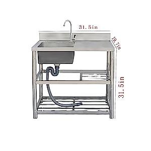 Freestanding Stainless Steel Commercial Restaurant Kitchen Sink Set With Faucet And Deodorizing Drain, Utility Wash Basin With Worktop And Double Storage Rack + Knife Slot, Indoor Outdoor