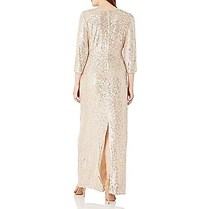 Alex Evenings Women's 3/4 Sleeve Long Dress with Cinched Tie Waist, Taupe Sequin, 8