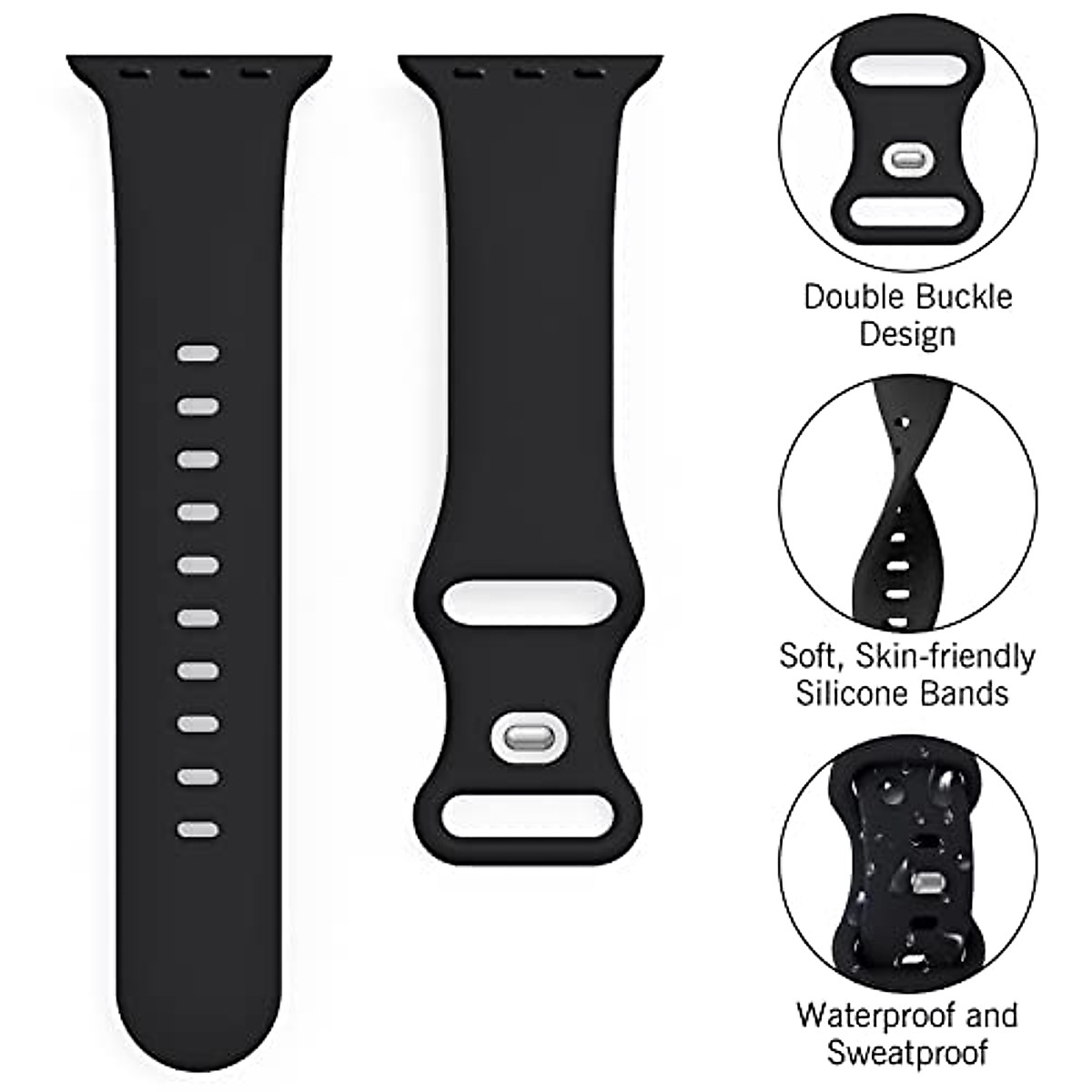 QRose Sprot Bands Compatible with Apple Watch 38mm 40mm 41mm 42mm 44mm 45mm 49mm, Soft Replacement Silicone Sport Strap Wristbands for iWatch Series Utral 8/7/6/5/4/3/2/1 SE Women Men, Black